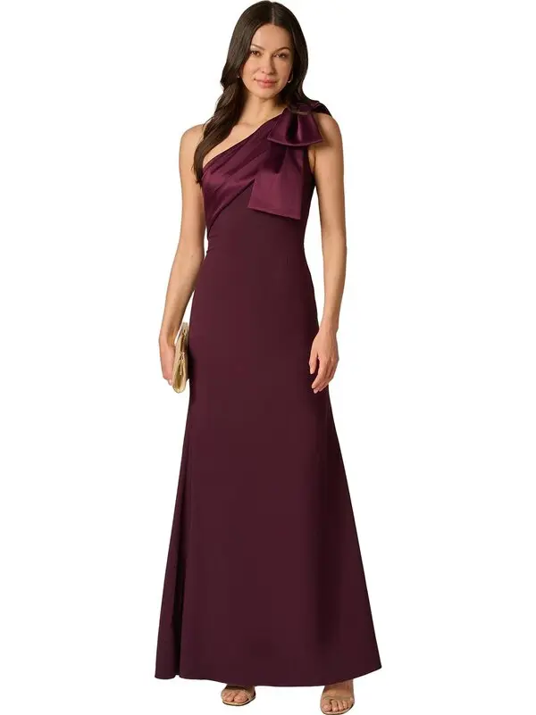 Adrianna Papell One-shoulder Satin Bow Crepe Gown - Bordeaux Glow