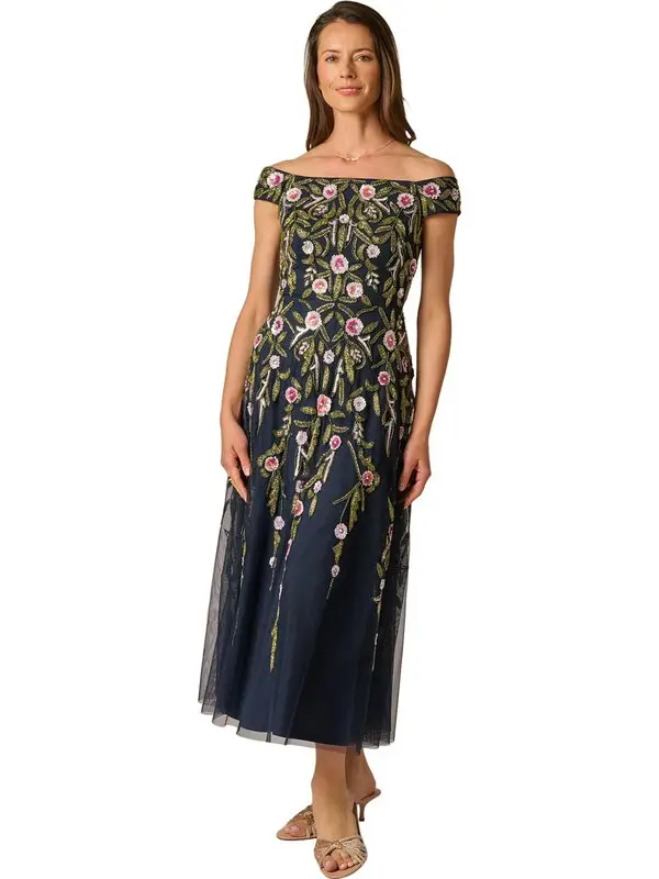 Adrianna Papell Off-the-shoulder Beaded Floral Ankle-length Dress - Navy/blush
