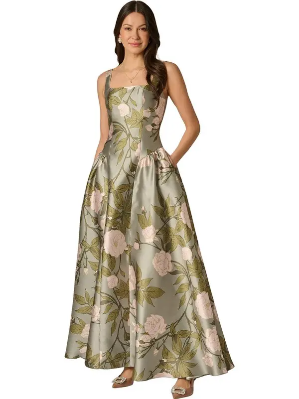 Adrianna Papell Drop Waist Floral Ballgown - Sage Multi