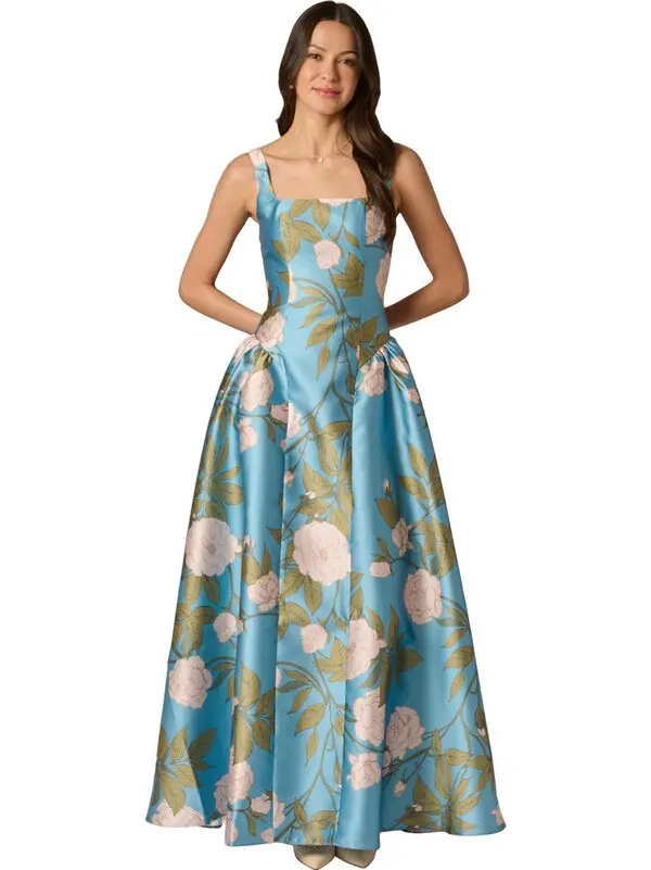 Adrianna Papell Drop Waist Square Neck Floral Ballgown - Blue Multi