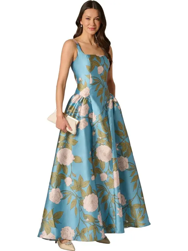 Adrianna Papell Drop Waist Square Neck Floral Ballgown - Blue Multi