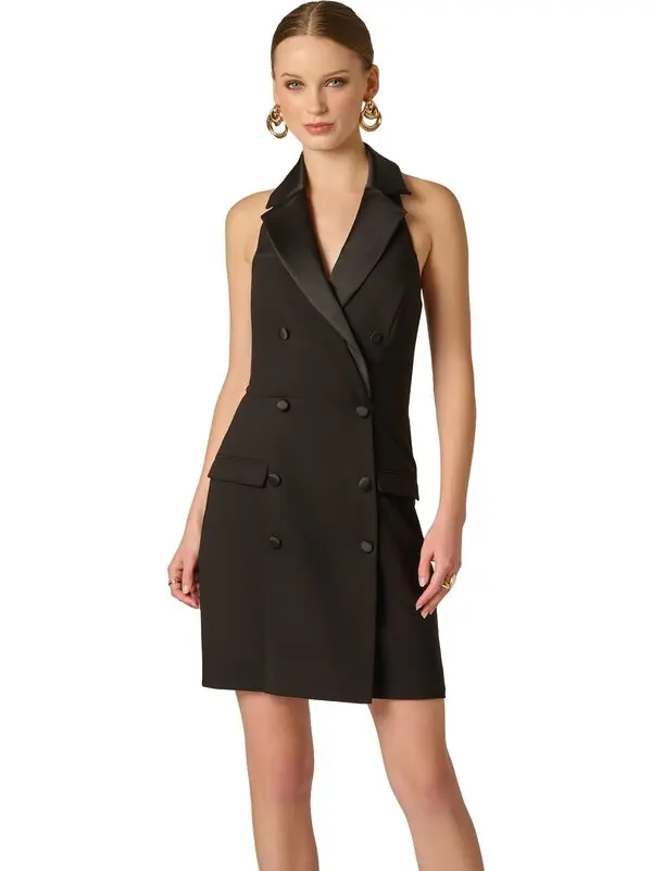 Adrianna Papell Double Breasted Tuxedo Halter Dress - Black