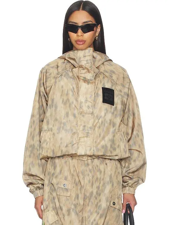 GANNI Printed Flyweight Nylon Hooded Jacket - Beige