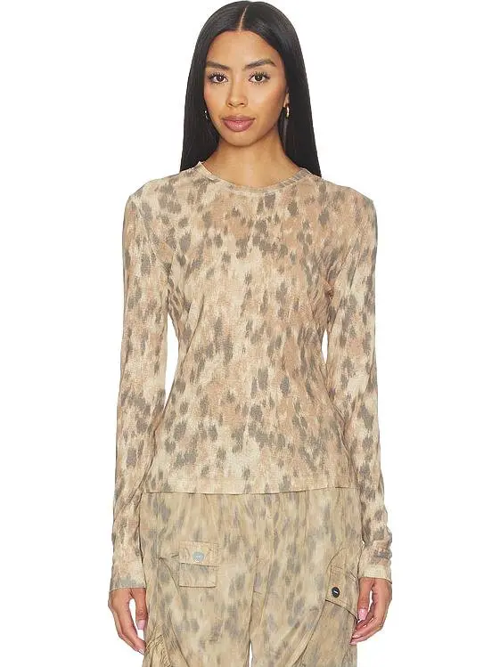 GANNI Printed Marl Mesh Long Sleeve Top - Beige