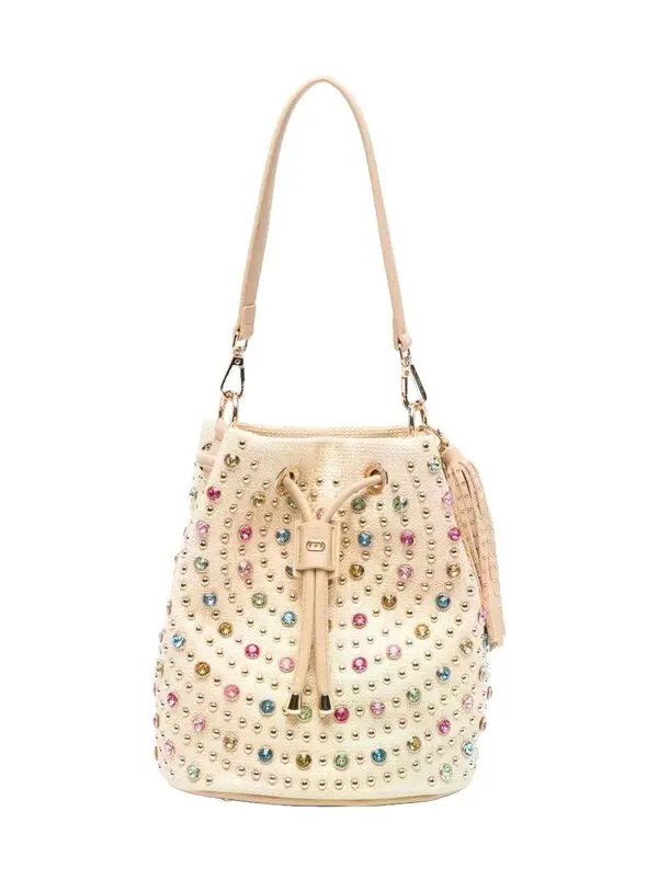 LA CARRIE Crystal-embellished Studded Bucket Bag - Neutrals