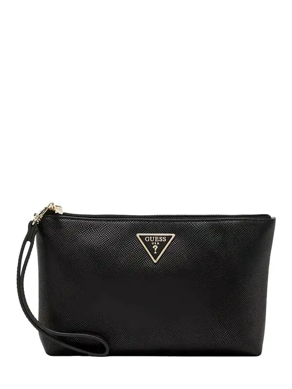 Guess Laurel Logo-patch Wristlet Makeup Bag - Black
