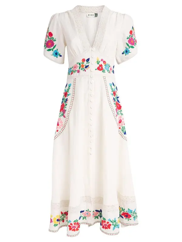 Rixo Linen-blend Embroidered Novara Midi Dress - Ivory