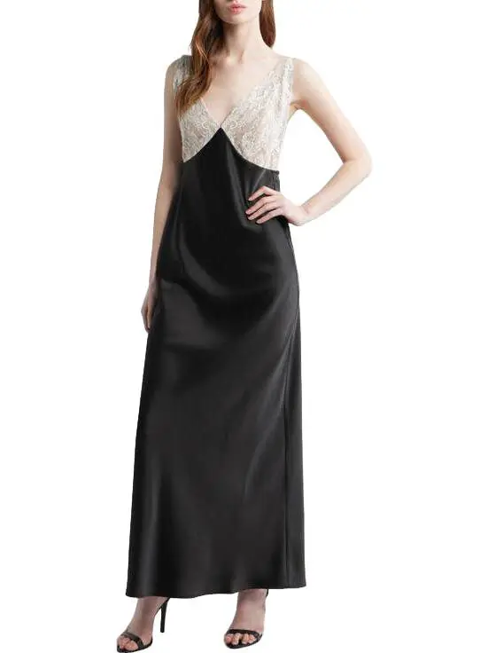 WAYF Ottilie Lace Bodice Open Back Satin Gown - Black