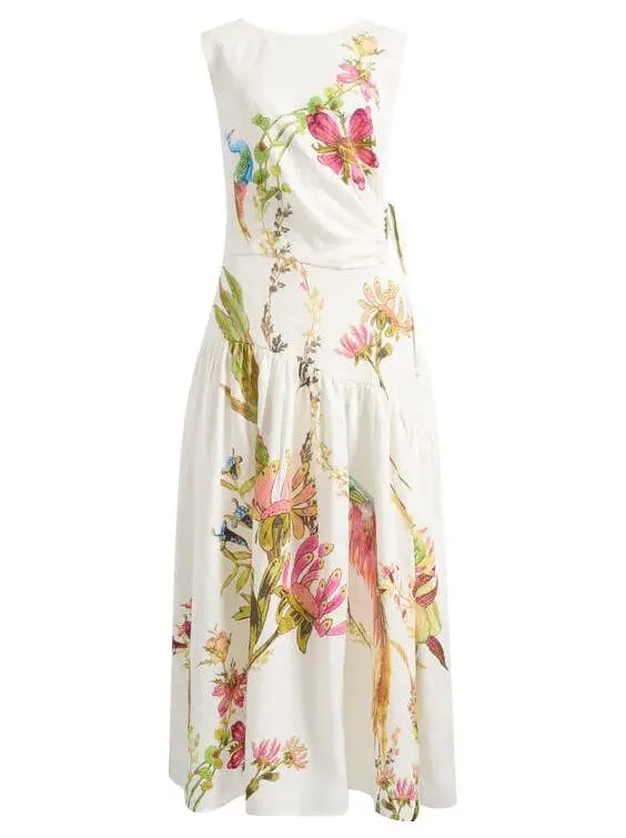 REISS Bianca Placed Floral Linen Dress - Ivory