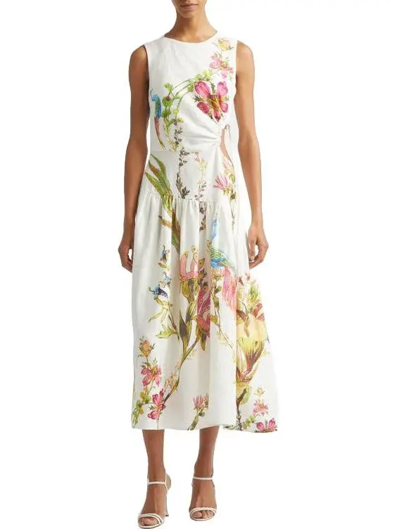 REISS Bianca Placed Floral Linen Dress - Ivory