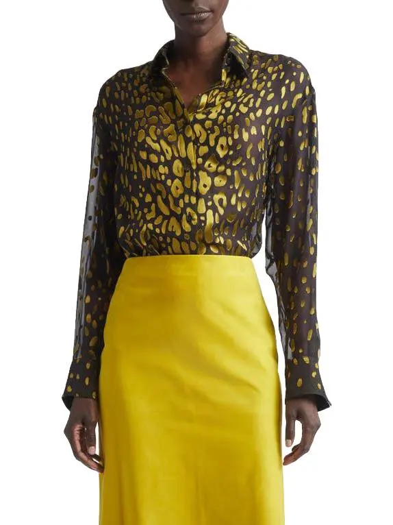 FERRAGAMO Devoré Silk Blend Georgette Button-up Shirt - Expresso/brasswood