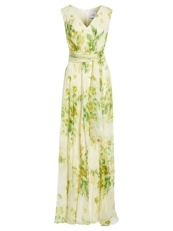 Erdem Floral Print Belted Silk Creponne Gown - Rose Bouquet Lemongrass