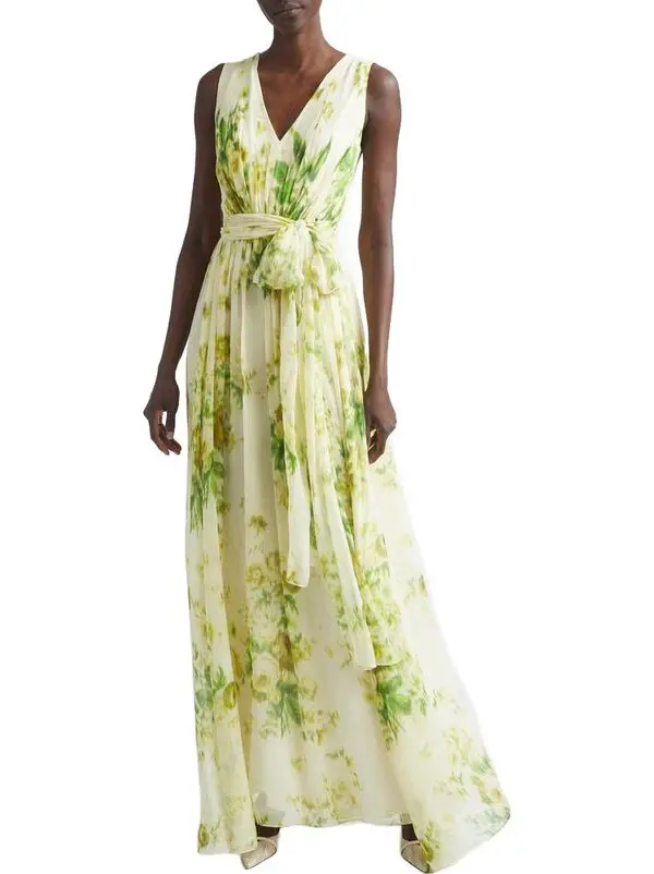 Erdem Floral Print Belted Silk Creponne Gown - Rose Bouquet Lemongrass