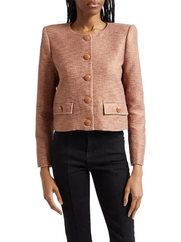 L'Agence Zell Collarless Cotton Blend Tweed Jacket - Light Auburn