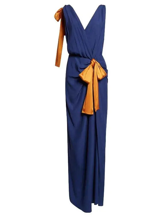 Saint Laurent Bow Detail Silk Satin Wrap Maxi Dress - Indigo