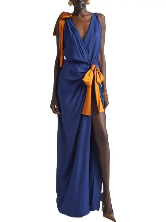 Saint Laurent Bow Detail Silk Satin Wrap Maxi Dress - Indigo