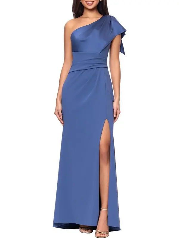Betsy & Adam One-shoulder Ruched Gown - Slate