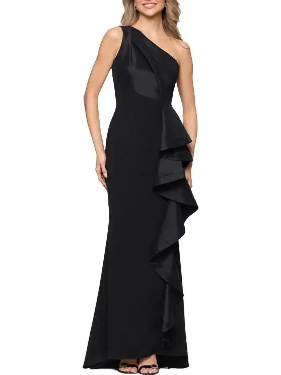 Betsy & Adam Mixed Media One-shoulder Ruffle Gown - Black