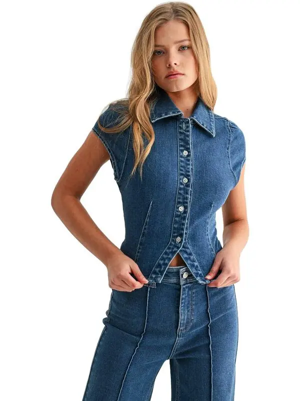 JEMINA DENIM The Seam Fitted Denim Shirt - Medium Wash