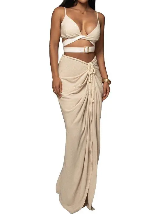 JLUXLABEL Noelia Slit Cotton & Linen Maxi Skirt - Beige