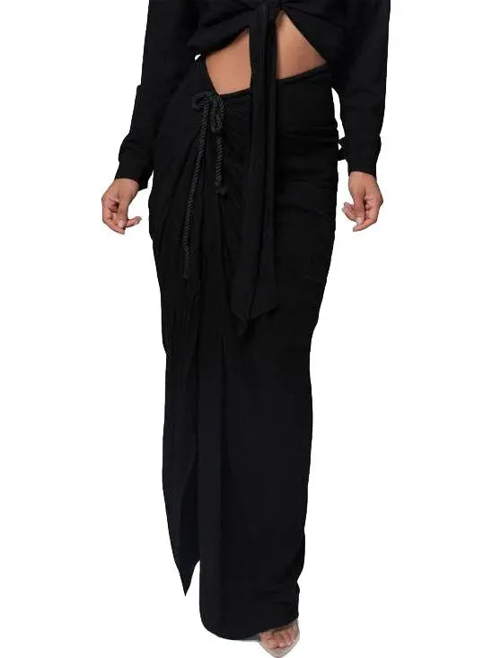 JLUXLABEL Noelia Slit Cotton & Linen Maxi Skirt - Black