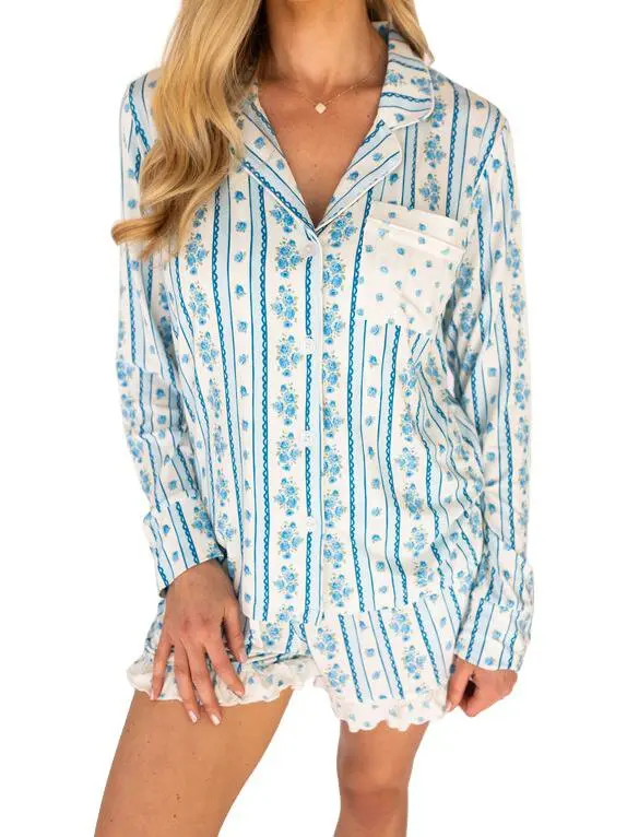 IN MY JAMMERS Forever Blooming Short Sleeve Short Set - Cream/blue Roses