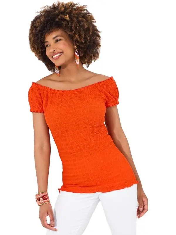 JOE BROWNS Off-the-shoulder Smocked Bodice Top - Vibrant Orange