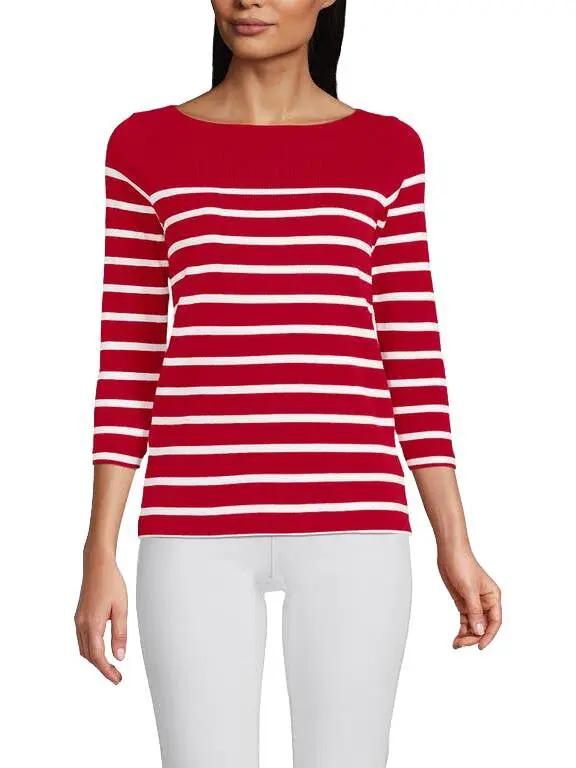 LANDS' END Mariner Jersey Boatneck Top - Compass Red Stripes