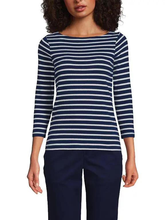 LANDS' END Mariner Jersey Boatneck Top - Deep Sea/ivory Breton Stripe