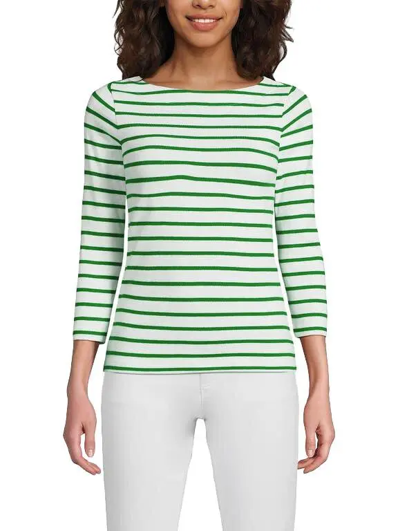LANDS' END Mariner Jersey Boatneck Top - Ivory/true Green Breton Stripe