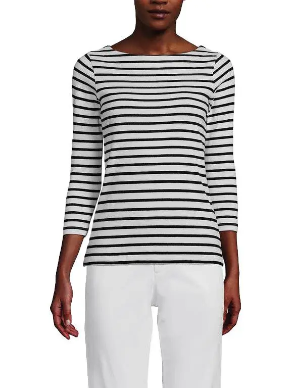 LANDS' END Mariner Jersey Boatneck Top - Oyster/black Breton Stripes