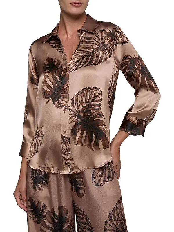 L'Agence Dani Silk Blouse With Palm Print - Hazelnut Multi Large Palm