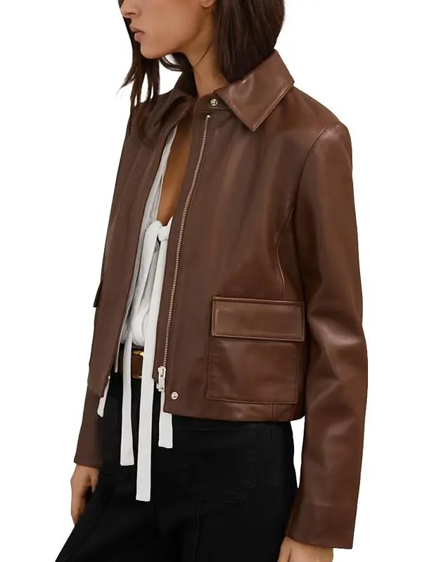REISS Leather Zip-up Jacket - Mocha Brown