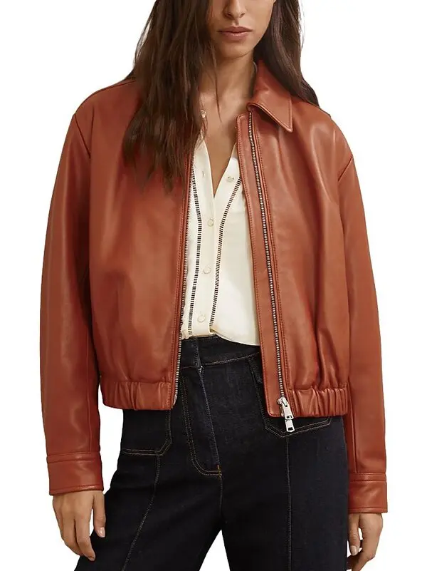 REISS Lottie Cropped Leather Bomber Jacket - Tan