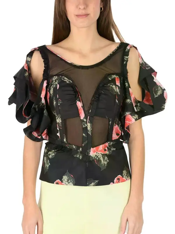 MAISON MARGIELA Floral-print Mesh-panel Blouse - Black