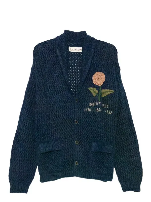 BAZISZT Floral-appliqué Open-knit Cardigan - Blue
