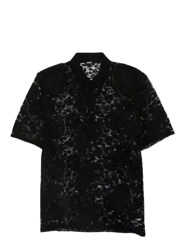 VENUJA Floral-lace Polo Top - Black