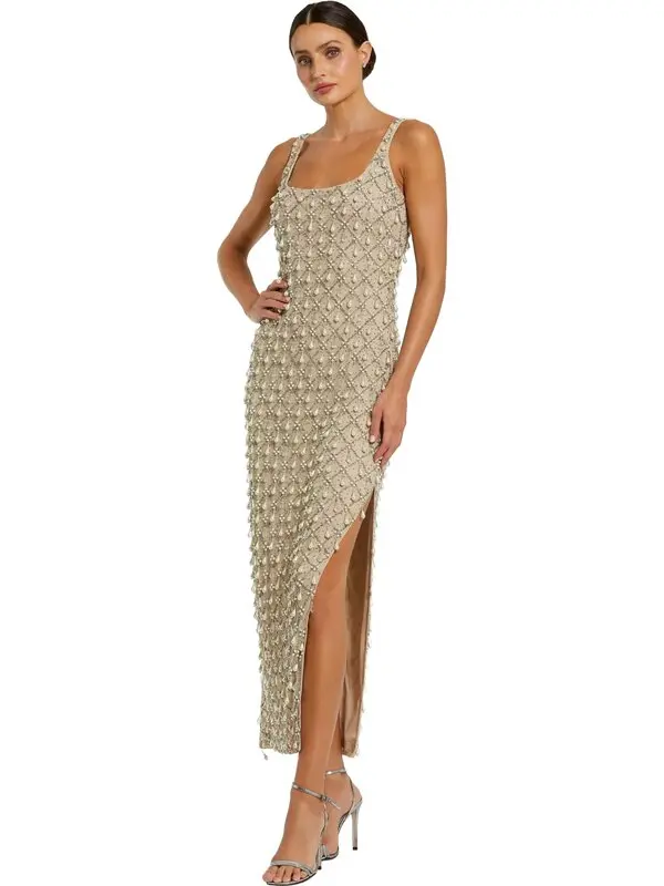 Mac Duggal Beaded Scoop Neck Midi Dress - Nude Silver