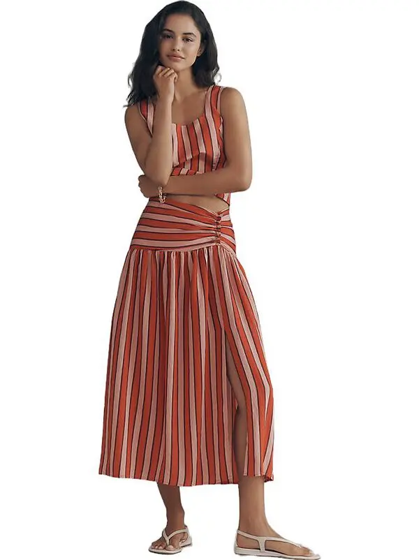 Maeve Ruched Split Midi Skirt - Orange Pink Combo
