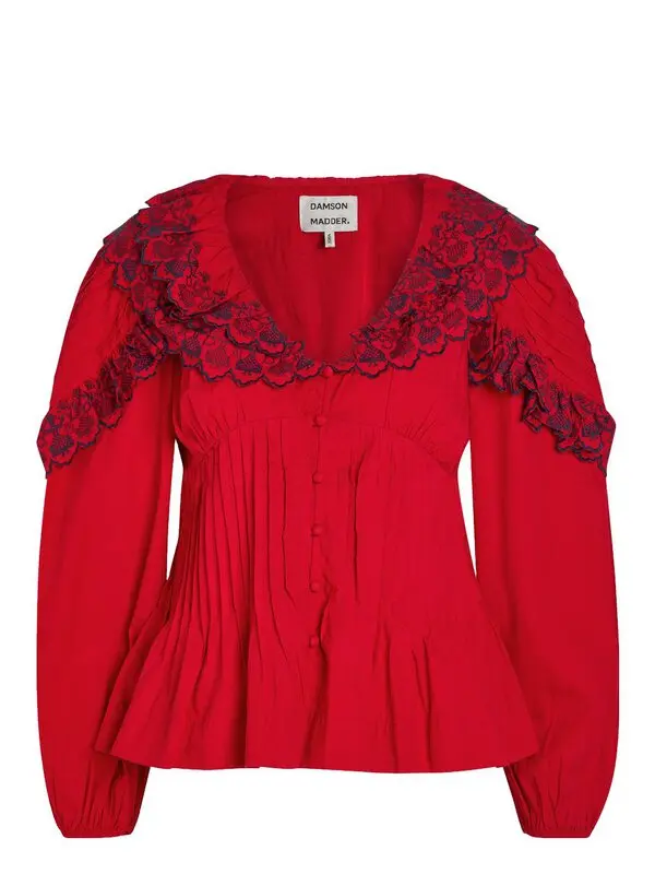 DAMSON MADDER Embroidered Cotton-poplin Blouse - Red