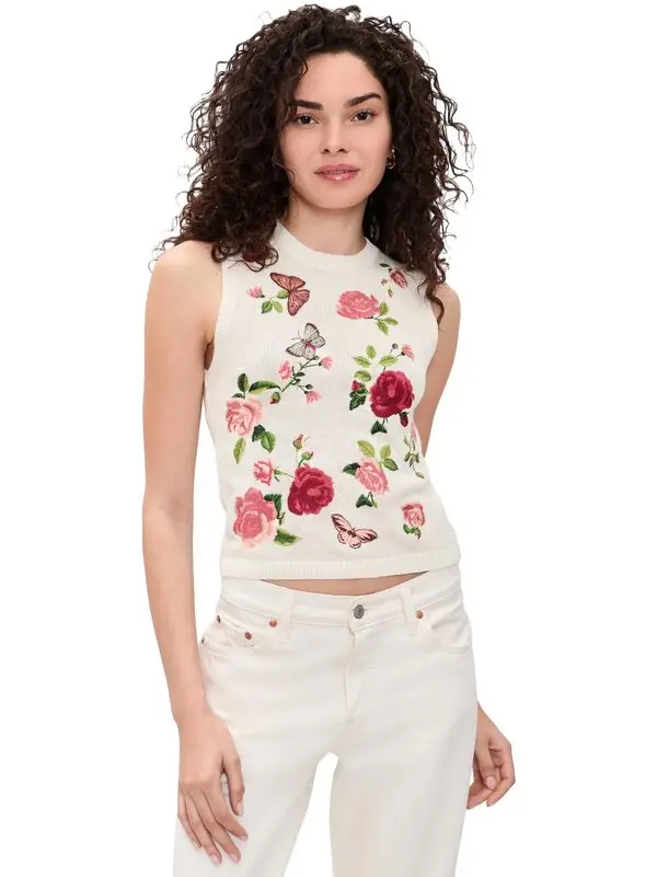 Alice + Olivia Reva Embroidered Vest - Garden Gossip Off White