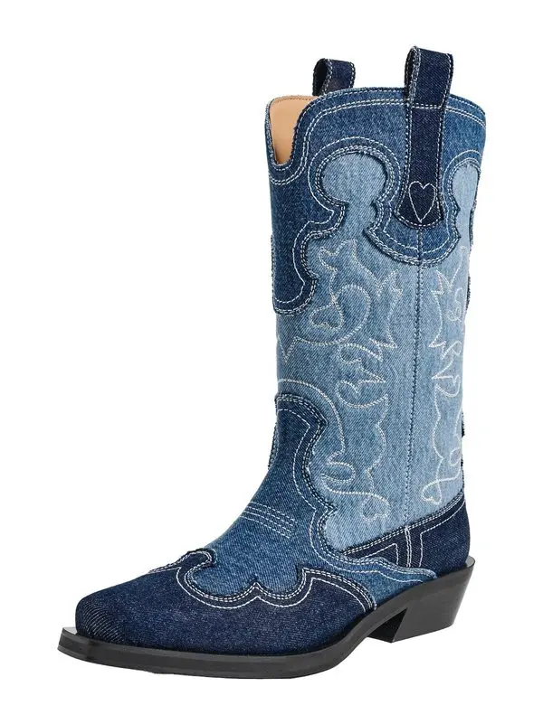 GANNI Mid-shaft Embroidered Denim Western Boots - Mid Blue Vintage