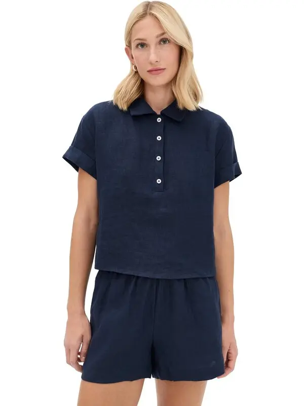 PERFECTWHITETEE Tabitha Linen Button-down Collared T-shirt - Navy