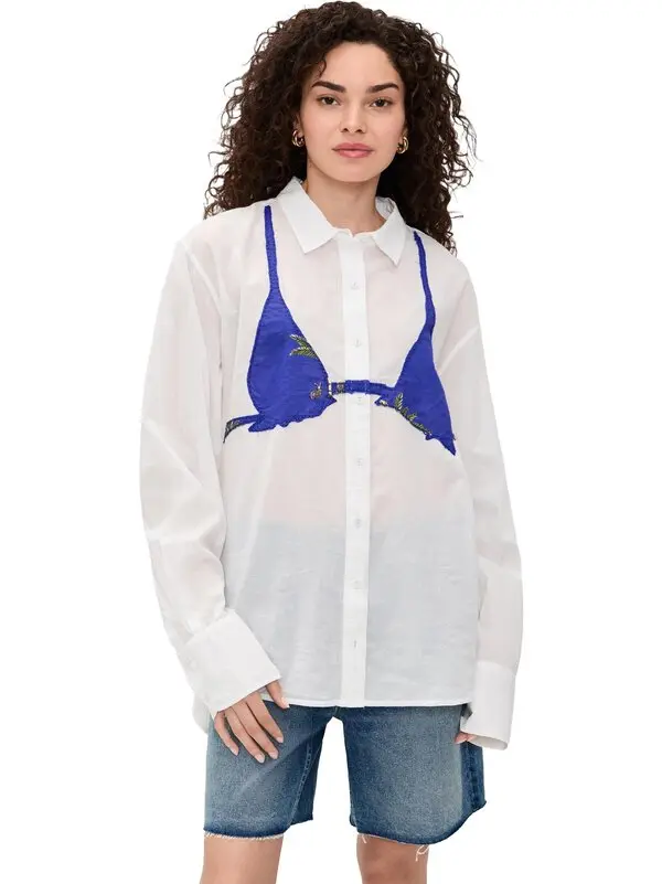 CONIGLIO PALM BEACH Collared Cotton Button-down Shirt - White W/ Palm Deep Periwinkle