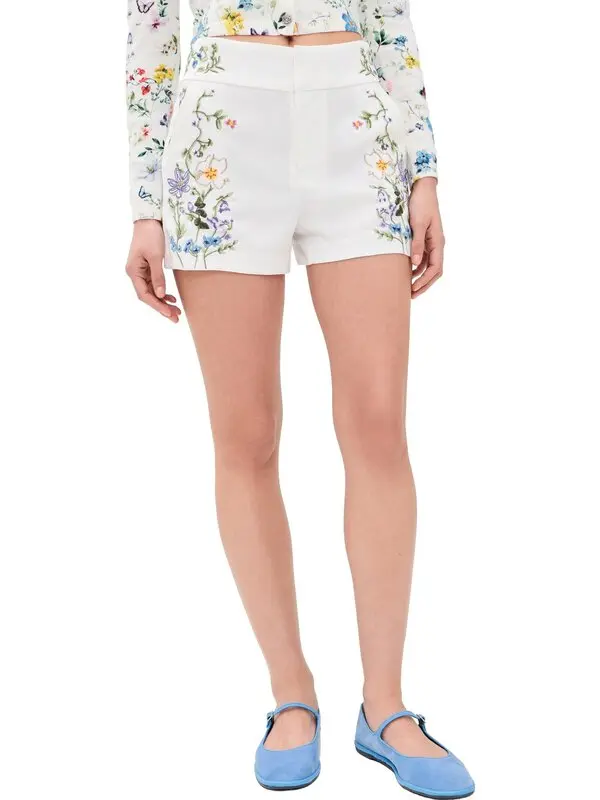 Alice + Olivia Cady Embroidered Stretch Shorts - Twisting Vines Off White