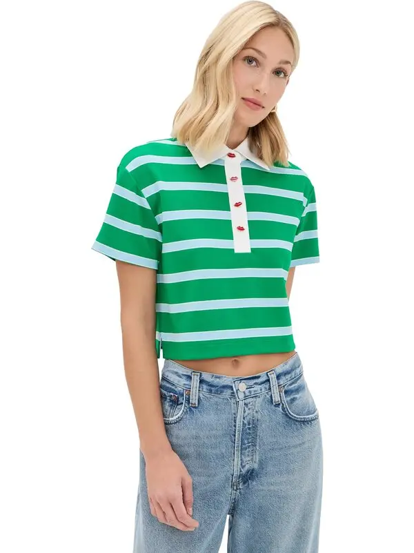 Alice + Olivia Lyle Striped Rugby Polo Top - Green Apple/carolina Blue Stripe