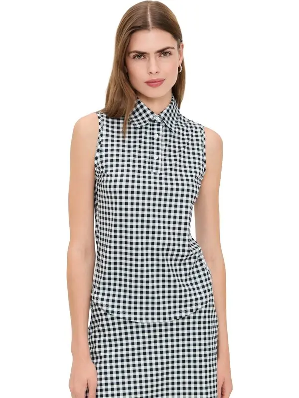 RHONE Course To Court Sleeveless Polo Top - Pure Black Gingham