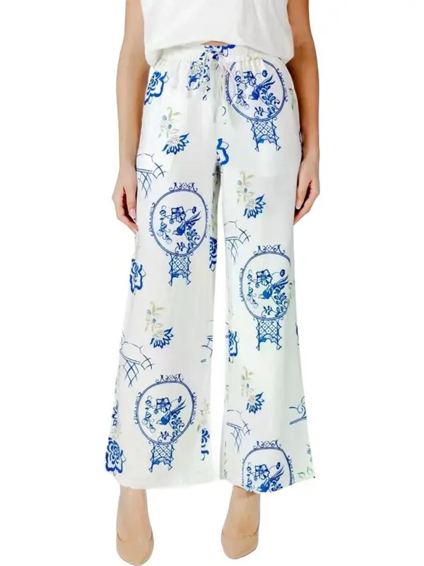 ICHI Floral-print Wide-leg Trousers - White