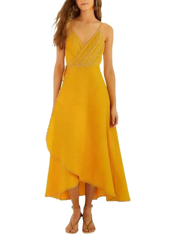 Farm Rio Bananas Scalloped-trim Wrap Dress - Yellow