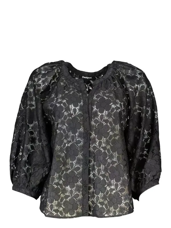 Desigual Floral Lace Puff-sleeve Blouse - Black